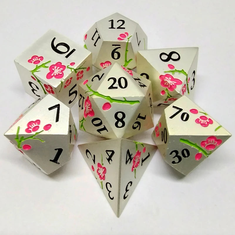 Plum Blossom Dice Kit - Silver with Pink Flowers in a Metal Box – Board ...