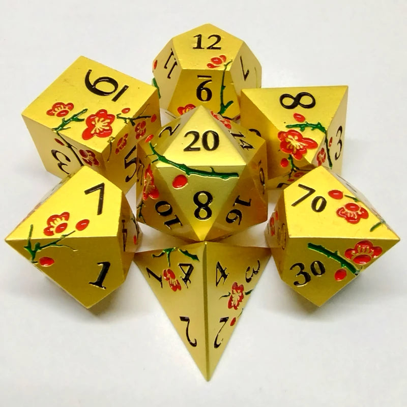 Plum Blossom Dice Kit - Gold with Red Flowers in a Metal Box – Board ...